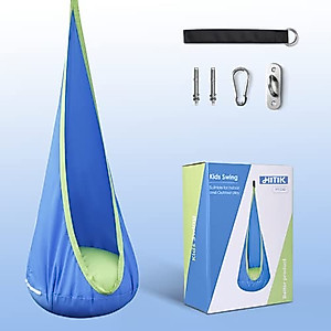 HITIK Kids Pod Swing Seat Holds Up to 300 LBS, Indoor Swing for Kids Hanging Hammock Chair with Upgraded Inflatable Cushion & All Accessories, Sensory Swing for Kids Indoor and Outdoor Use (Blue)