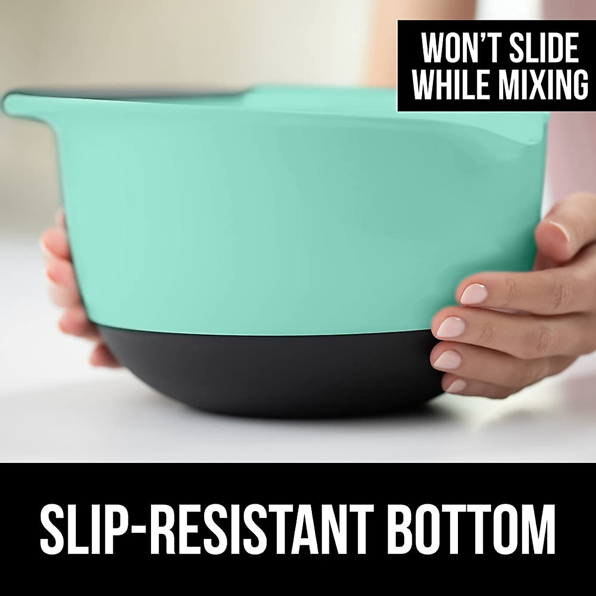 Gorilla Grip Mixing Bowls Set of 3, Slip Resistant Rubber Bottom, Nesting Baking Bowl, Soft Wide Handle, Easy Pour Spout, Electric Mixer and Dishwasher Safe, Kitchen Essentials, 5, 3 and 1.5 QT, Mint