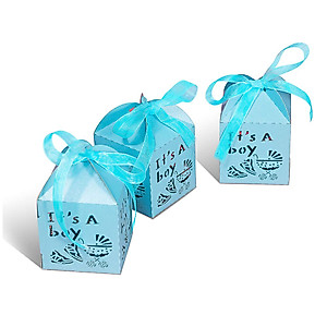 YOZATIA 50pcs Laser Cut Baby Carriage Favor Box Bomboniere Gift Candy Boxes Baby Shower Party Decoration,2.2 x 2.2 x 2.2 Inches（Blue）