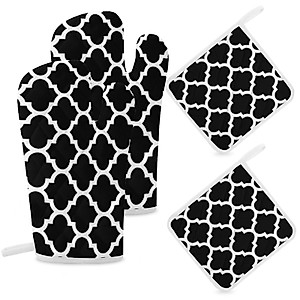 4PCS Oven Mitts Glove Kitchen Heat Resistant Pot Holders Set Black White Moroccan Quatrefoil Pattern Kitchen Microwave Oven Gloves Mitts Anti-Scald Baking Cooking Gloves