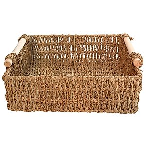 DOITOOL Hand- Woven Storage Basket with Wooden Handle, Rectangular Seagrass Storage Baskets, Wicker Baskets for Shelves, Natural Hyacinth Baskets for Organizing, 11.42x11.42x3.54