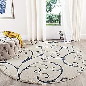 SAFAVIEH Florida Shag Collection Area Rug - 6'7" Round, Creme & Creme, Scroll Design, Non-Shedding & Easy Care, 1.2-inch Thick Ideal for High Traffic Areas in Living Room, Bedroom (SG455-1111)