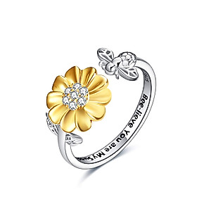 ONEFINITY Bee-live You Are My Sunshine Sterling Silver Sunflower Rings with Bee Open Adjustable Ring for Women