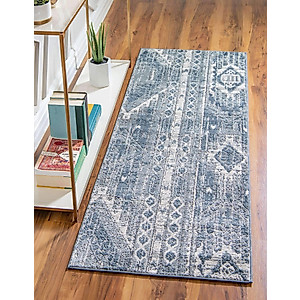 Unique Loom Portland Collection Southwestern Inspired Striped Tone Area Rug, 2 ft 2 in x 12 ft, Blue/Gray