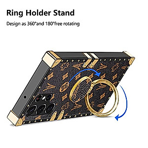 WOLLONY for Galaxy S22 Ultra Square Leather Case with Kickstand Ring Stand Holder Luxury Retro Case for Women Girls Metal Edges Shockproof Protective Cover for Samsung Galaxy S22 Ultra 6.8'' Brown