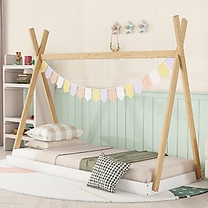 Bellemave Twin Size Tent Floor Bed Frame with Triangle Structure, Teepee Bed Platform Bed for Kids,Montessori Floor Bed for Girls Boys(Twin,White+Natural)