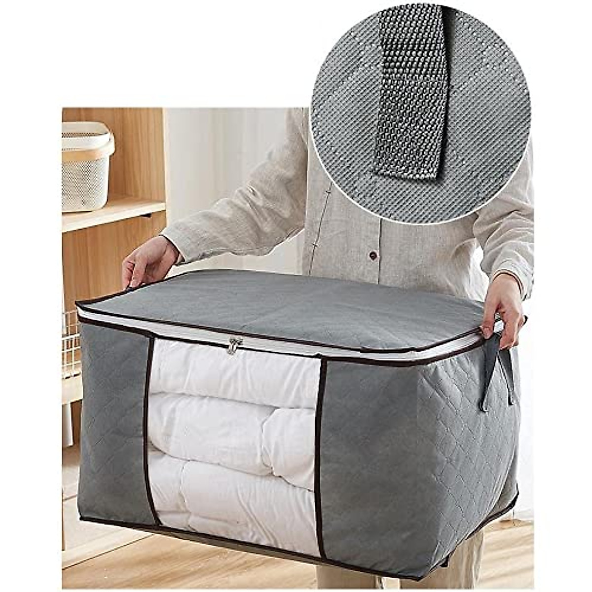 80L Foldable Storage Bins Clothes Comforters Blankets Quilts Duvets Pillows Bedding Storage Containers with Handles (Gray,2)