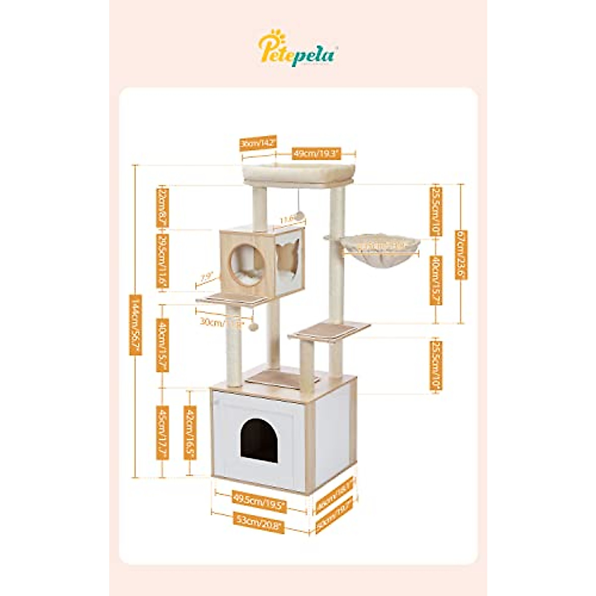 PETEPELA Modern Cat Tree Wood Cat Tower with Storage Cabinet Litter Box Enclosure and Spacious Cat Condo, Large Top Perch and Hammock, Sisal Covered Scratching Posts for Cats Beige