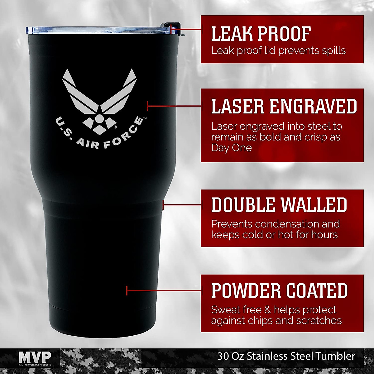 Military Gift Shop 30 oz Air Force Coffee Travel Mug | Double Wall Vacuum Insulated Coffee Tumbler | Stainless Steel Coffee Mug With Lid & Straw | Air Force 30oz Tumbler