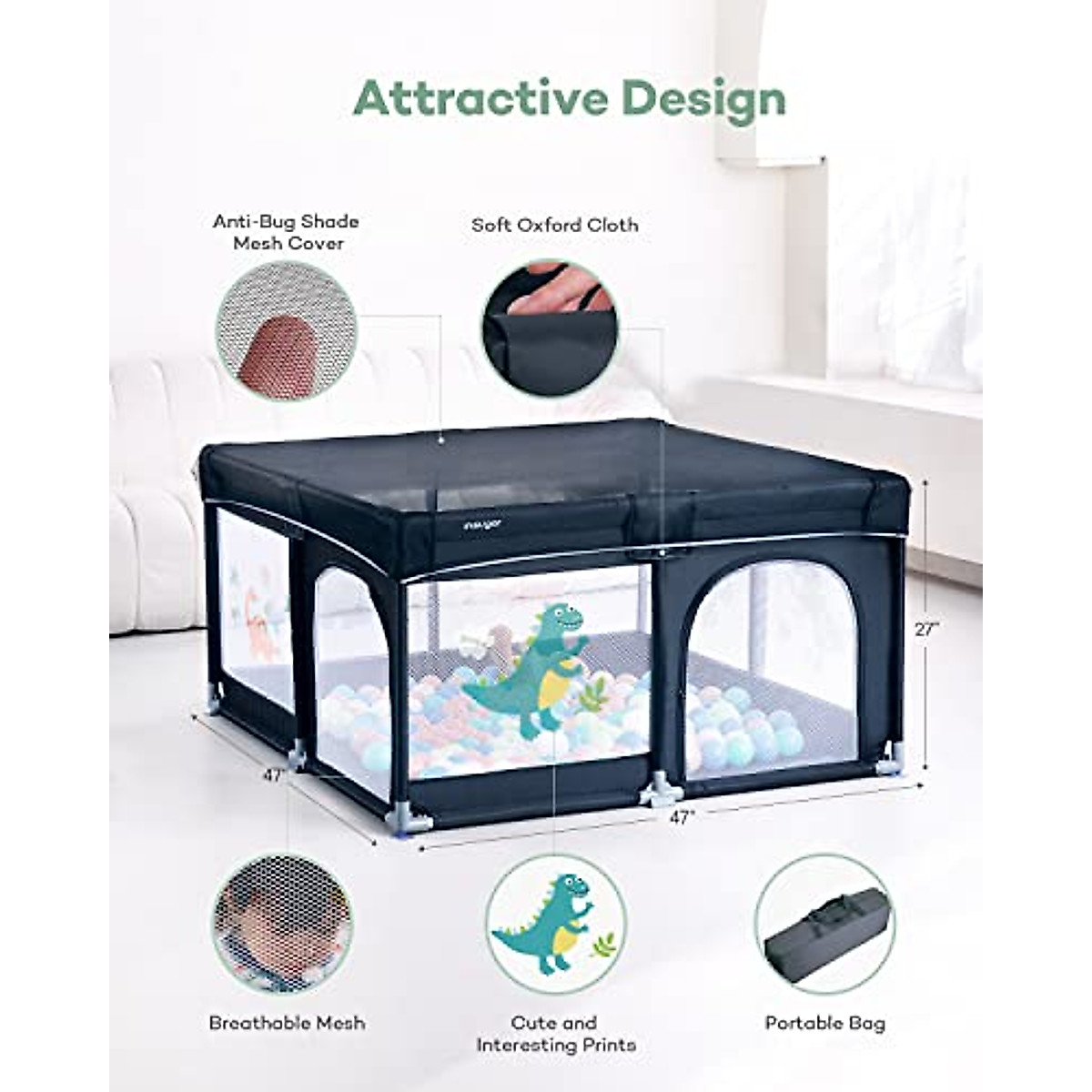 Baby Playpen Play Yard Sturdy, Insugar Playpen for Babies and Toddlers, Portable Small Baby Fence, Safe Play Area with Gate, Breathable Mesh, Dinosaur Printed, BPA-Free, Non-Toxic, Black, 47"x47"x27"