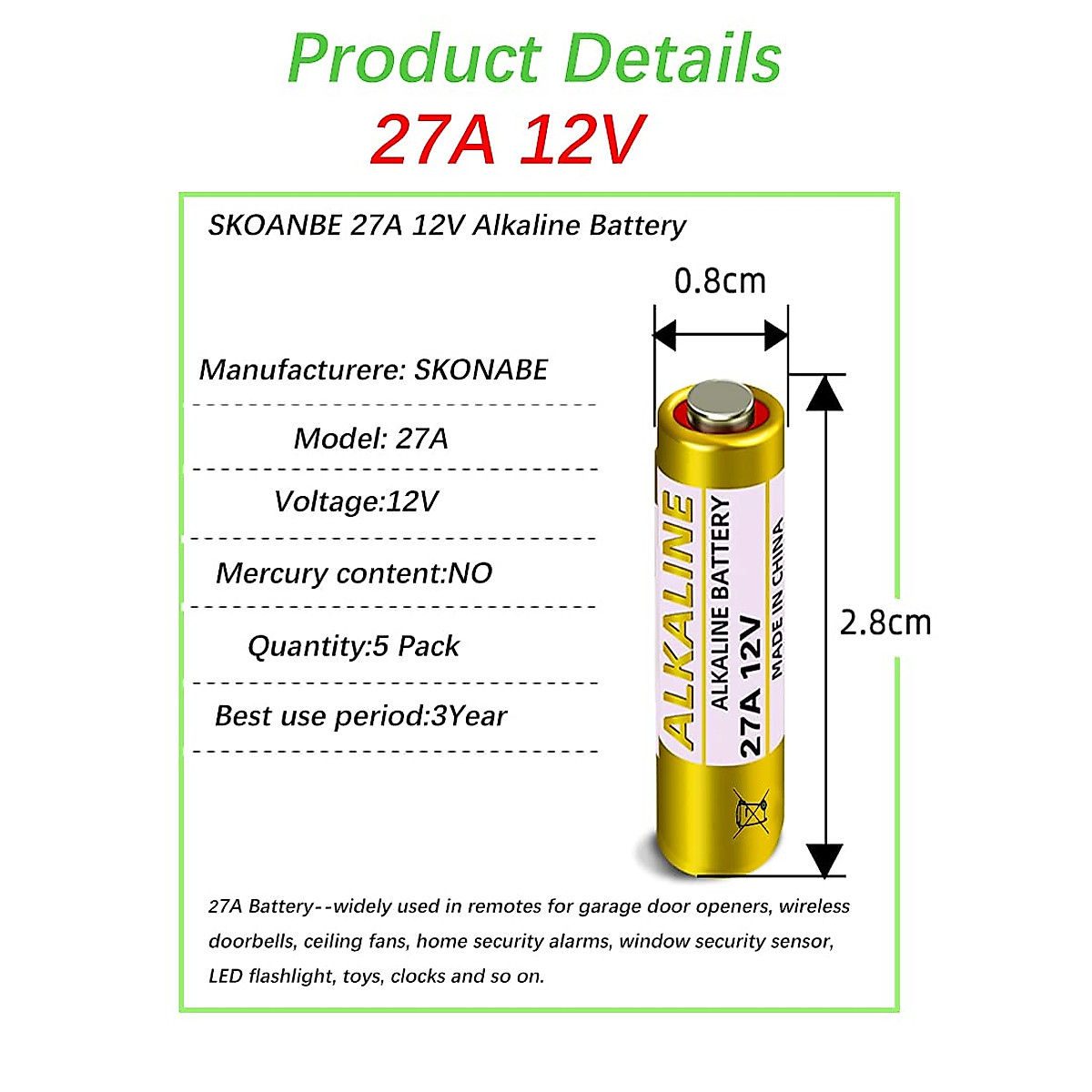 SKOANBE 27A 12V Alkaline Battery-Pack of 5