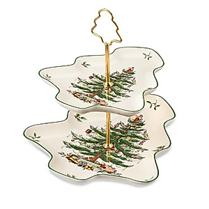 Spode Christmas Tree Sculpted 2-Tier Server | Tiered Cupcake Stand | Dessert Table Display Set | Tree Shaped Cupcake Holder | Porcelain Serving Platter | Serving Dishes – 10 Inch & 8 Inch