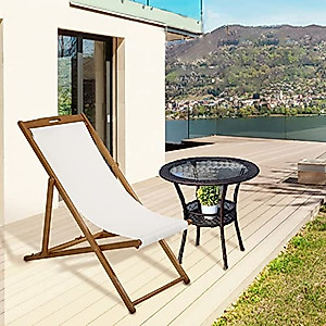 Beach Sling Chair Set of 2, Outdoor Folding Wood Beach Chair with White Polyester Canvas, 3 Level Adjustable Height Patio Lounge Chair