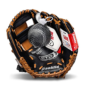 Franklin Sports unisex youth Right Handed Thrower Franklin Sports Kids Baseball Gloves RTP Child s Tball Glove Ball Set Boys Girls Teeball Mit, Black/Tan, 9.5 US