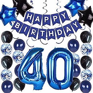 40th Birthday Decorations, 40th Birthday Decorations for Men, Happy Birthday Banner Blue Number 40 Foil Balloon for 40th Anniversary Decorations Birthday Party Backdrop