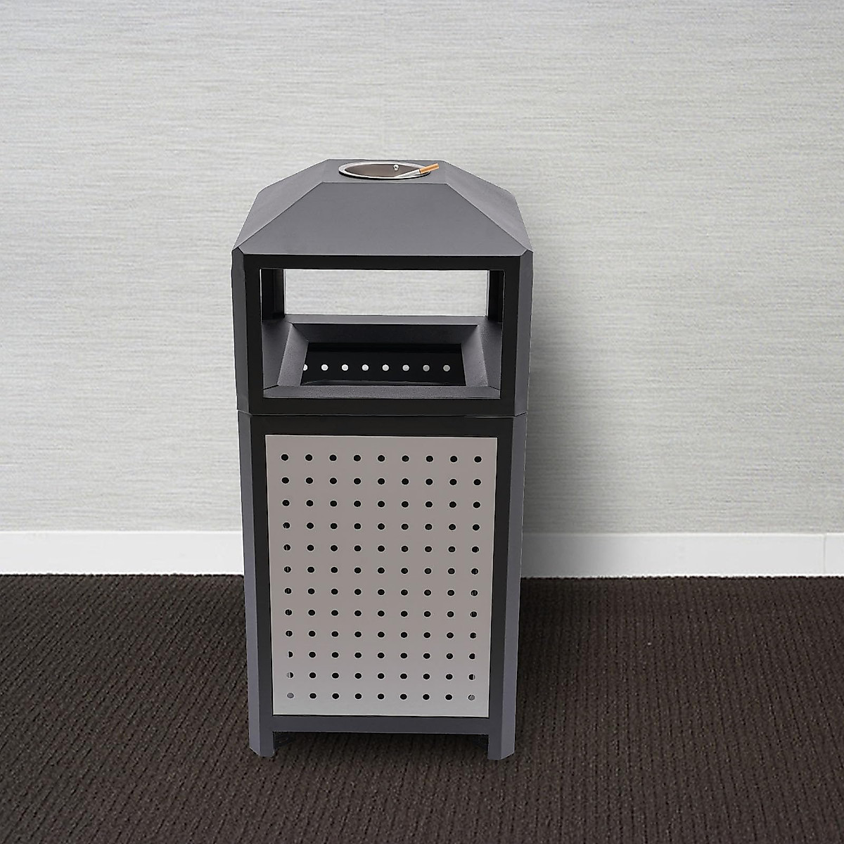 Oiveinya Industrial Waste Container,Stainless Steel Galvanized Heavy Duty Trash Can with Lid and Ashtray,Large Square Trash Can for Industrial Mall Kitchen Restaurants Indoor Outdoor (15 Gallons)