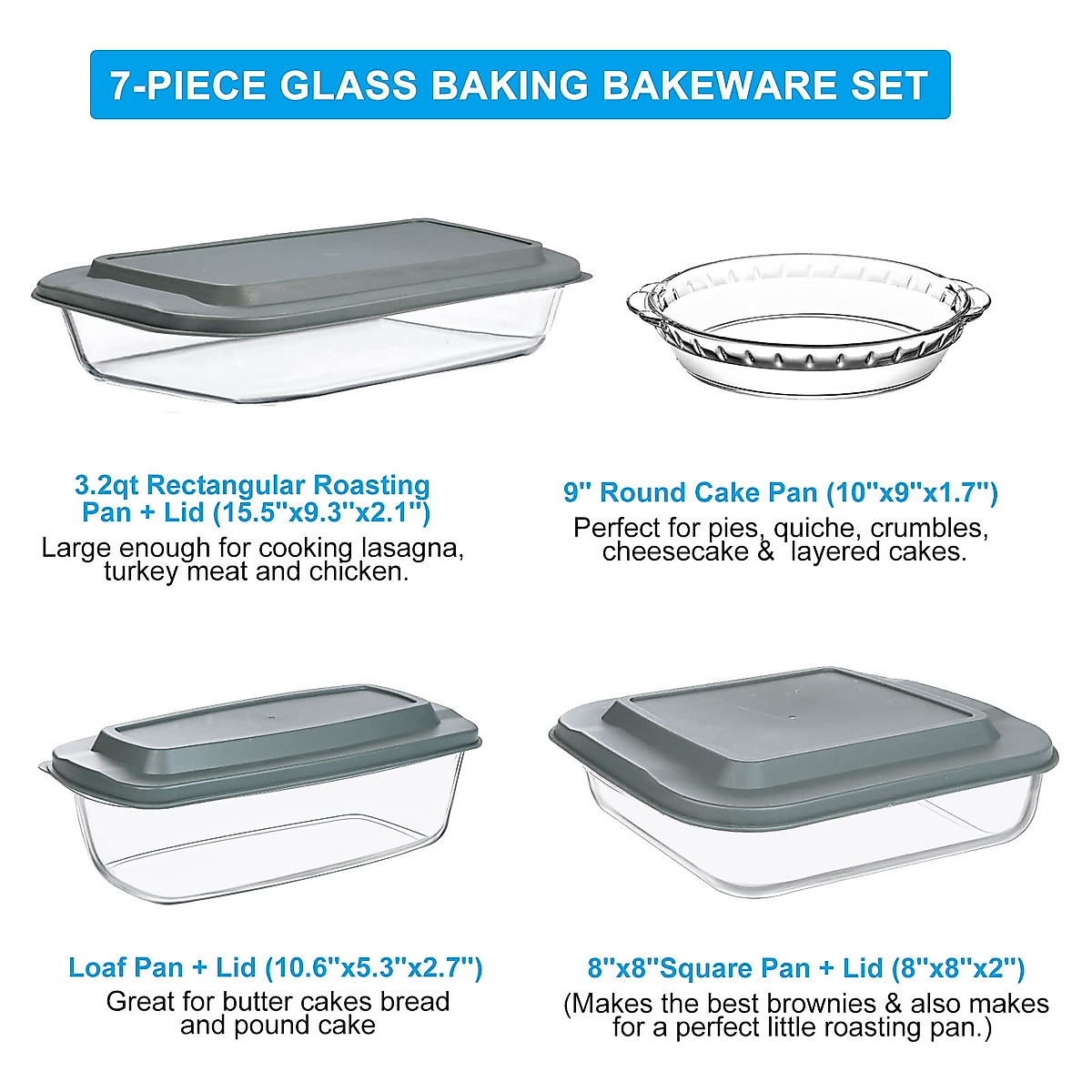 7-Piece Glass Bakeware Set, Baking Dishes, Glass Loaf Pan with Lids, Glass Pie Plate, 9x13 Roasting Pan, Square Pan, Fridge-to-Oven-Friendly