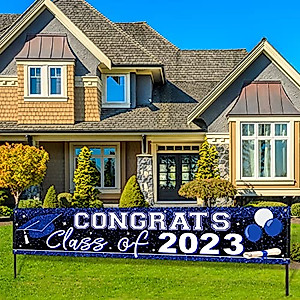 Large Congrats Grad Banner Blue Class of 2023 Banner Backdrop Graduation 2023 Yard Sign for Graduation Party Supplies Graduation Decorations 2023 (Blue)