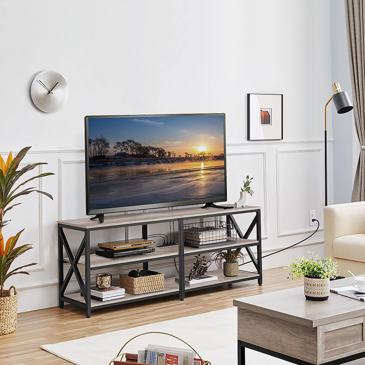 Yaheetech TV Stand with Power Outlet for 70 Inch TV, 3 Tiers TV Storage Cabinet, Entertainment Center with Charging Station for Living Room, Gray