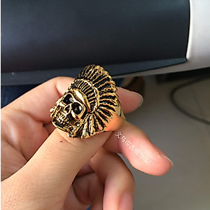 Moca Jewelry Cool Feather Dayak Indian Headdress Punk Skull 18K Gold Plated Hip Hop Stainless Steel Ring for Men Women