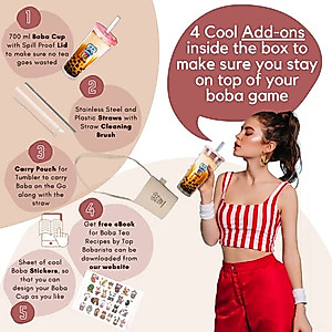 EleBoba Reusable Boba Cup with Lid and Straws - Leak Proof Tumbler for Bubble Tea and Smoothies - 24oz/700ml - Carry Pouch, Stickers, 2x Straws, Cleaning Brush, Cute Boba Cup, Kawaii Boba Cup