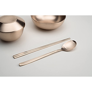 NotBiChae Premium Brassware Cutlery Spoon Chopsticks Set Korean Traditional Handmade Tableware BANGJJA YUGI with Gift Box 한국 유기 (Round Shape Set)