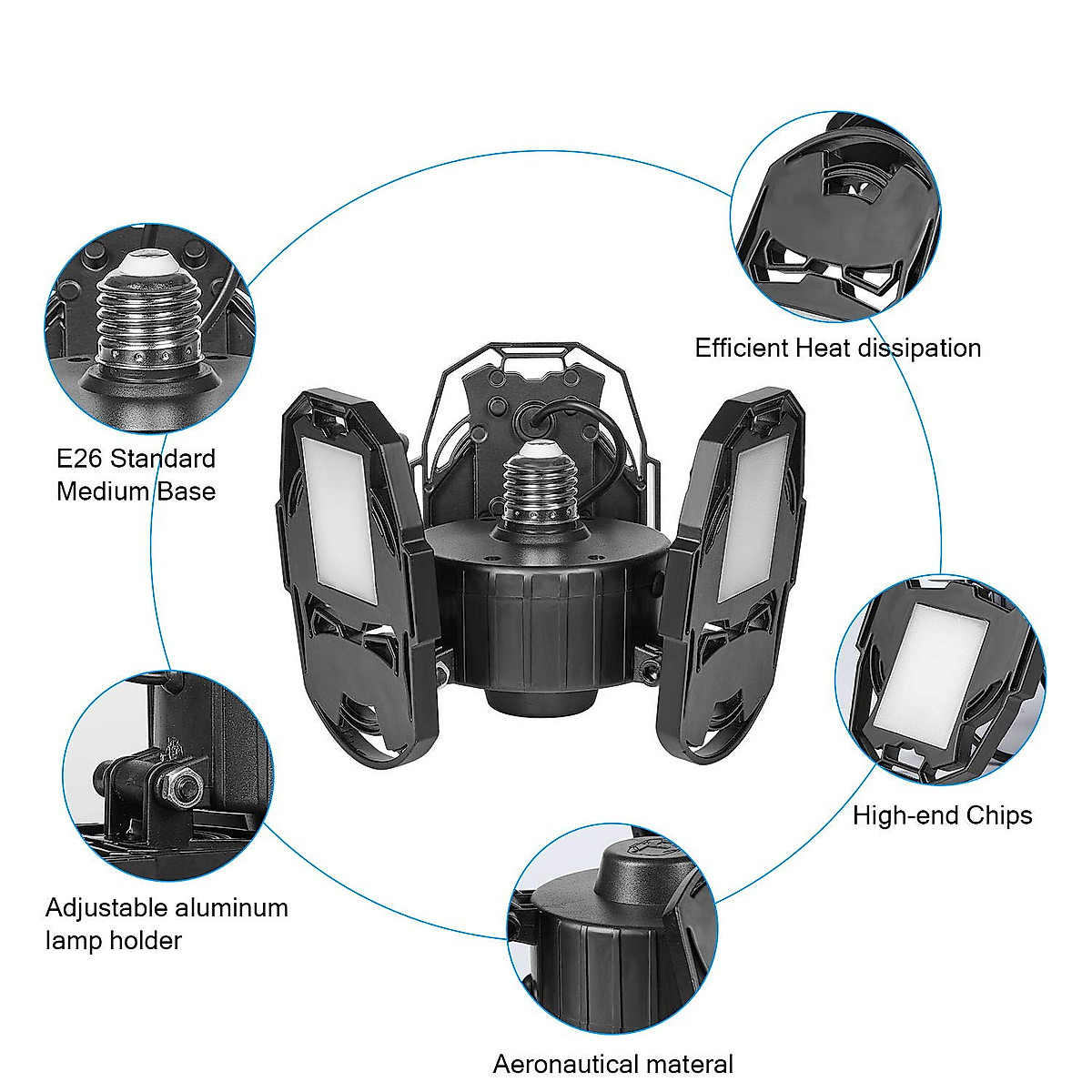 80W LED Garage Lights, Deformable Garage Light with 3 Adjustable Wings, 8000LM, E26 LED Shop Light, Barn Light, High Bay Light, Ceiling Lighting Fixture for Warehouse (No Motion Detection)