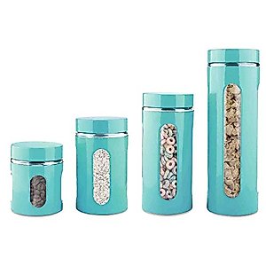 Kitchen Canisters For Countertop By Home Basics | Retro-Styled Canisters For Kitchen Counter | Stainless Steel and Glass Kitchen Canister Set, With See-Through Windows (Turquoise), 4 Pieces