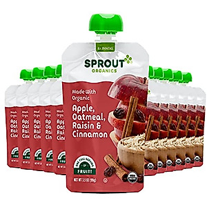 Sprout Organic Baby Food, Stage 2 Pouches, Apple Oatmeal Raisin with Cinnamon, 3.5 Oz Purees (Pack of 12)