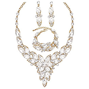 CSY Elegant Crystal Costume Jewelry Sets Flower Leaves Bridal Necklace Earrings Bracelet Set for Bride Bridesmaid Wedding Prom Dress Accessories (white crystal-gold tone)