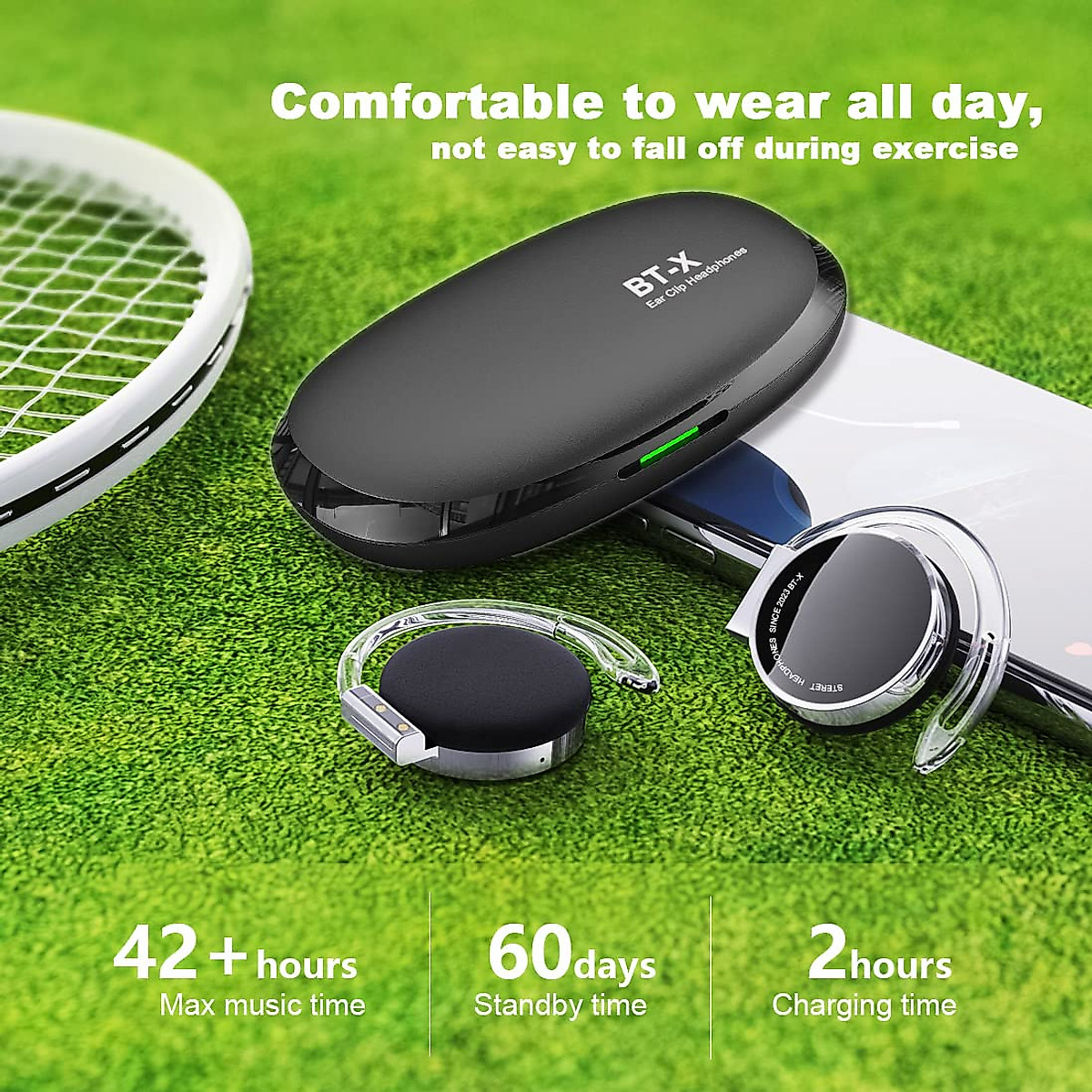 Clip on Headphones Bluetooth V5.3, Open Ear Earphones Wireless with Earhooks, Ear Clip On-Ear Headphones, Sports Headset Bluetooth with 4 Microphones, Noising Cancelling/Long Battery Life(Black)