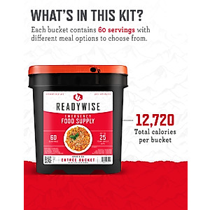 READYWISE - Entrée Grab & Go Bucket, 60 Servings, Emergency, MRE Supply, Premade, Freeze Dried Survival Food for Hiking, Adventure & Camping Essentials, Individually Packaged, 25 Year Shelf Life