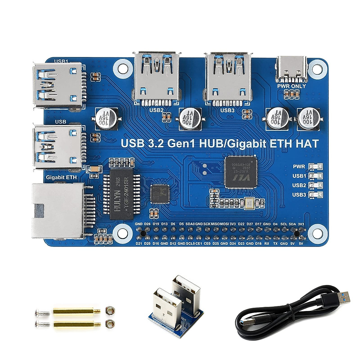 waveshare 3 Ports USB 3.2 Gen1 Hub HAT for Raspberry Pi, with 1000M/100M/10M Gigabit Ethernet Port, USB 3.2 Gen1 Ports Compatible with USB 3.0/2.0/1.1, Driver-Free, Plug & Play