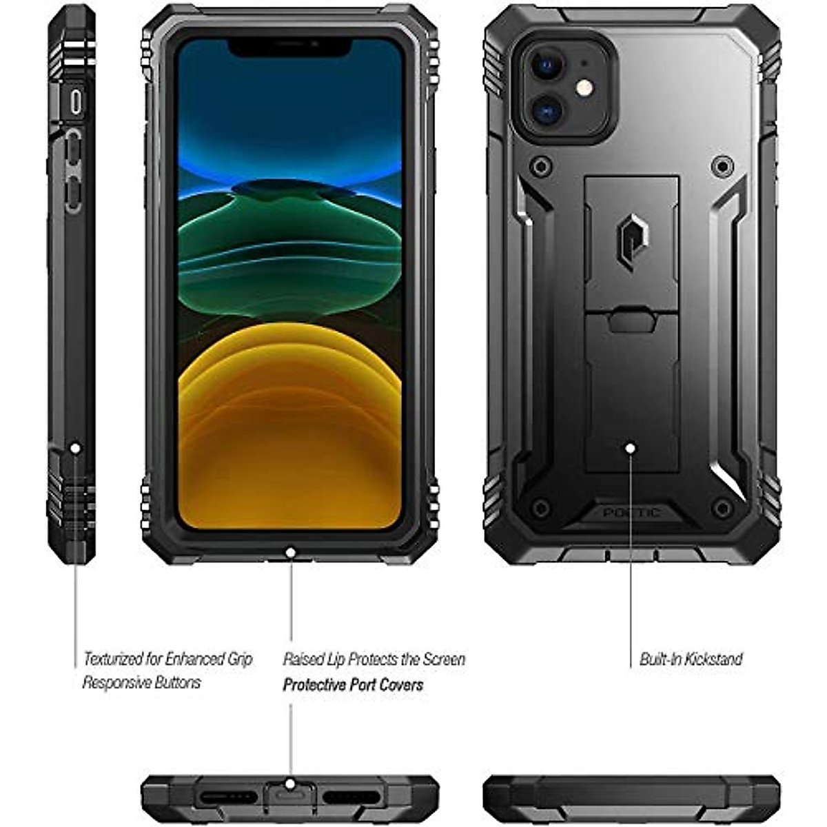 Poetic iPhone 11 Rugged Case with Kickstand, Full-Body Dual-Layer Shockproof Protective Cover, Built-in-Screen Protector, Revolution Series, for Apple iPhone 11 (2019) 6.1 Inch, Black