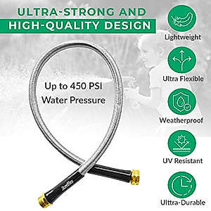 SteelFlex Leader Hose for Garden Hose Reel - 3/4” Braided Stainless Steel Outdoor Short Water Hose - Flexible, No Kinks, Tangles - Withstands Extreme Pressure, Weather, Temperature - 5 Foot Length