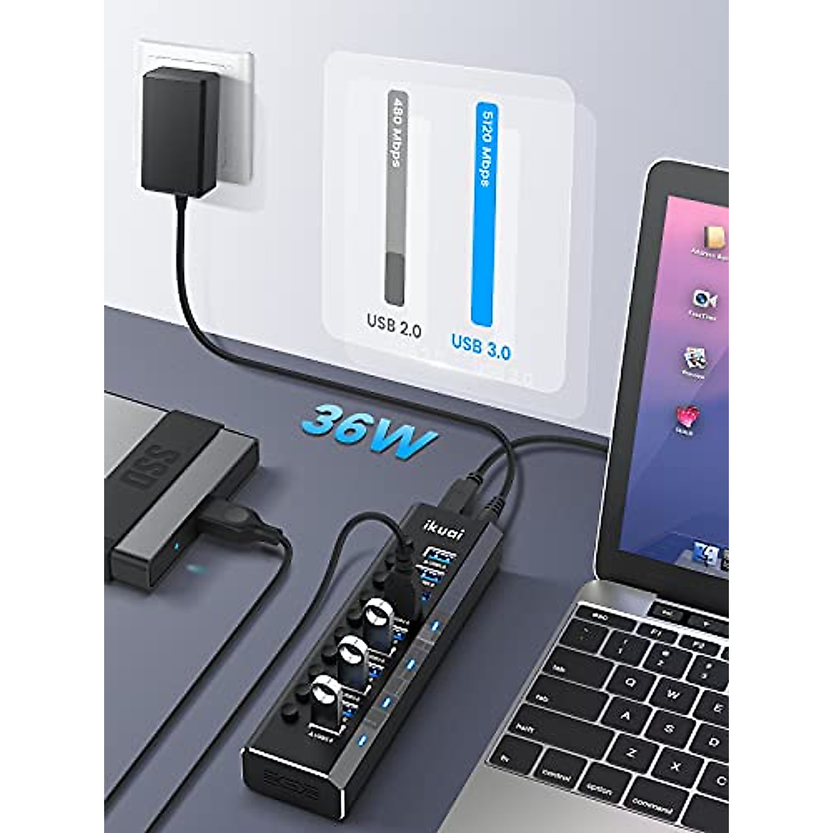 Powered USB Hub 3.0 ikuai Aluminum 10 Port USB 3.0 Data Hub Splitter with 12V/3A 36W Power Adapter and Individual On/Off Switches for Desktop PC Laptop and More
