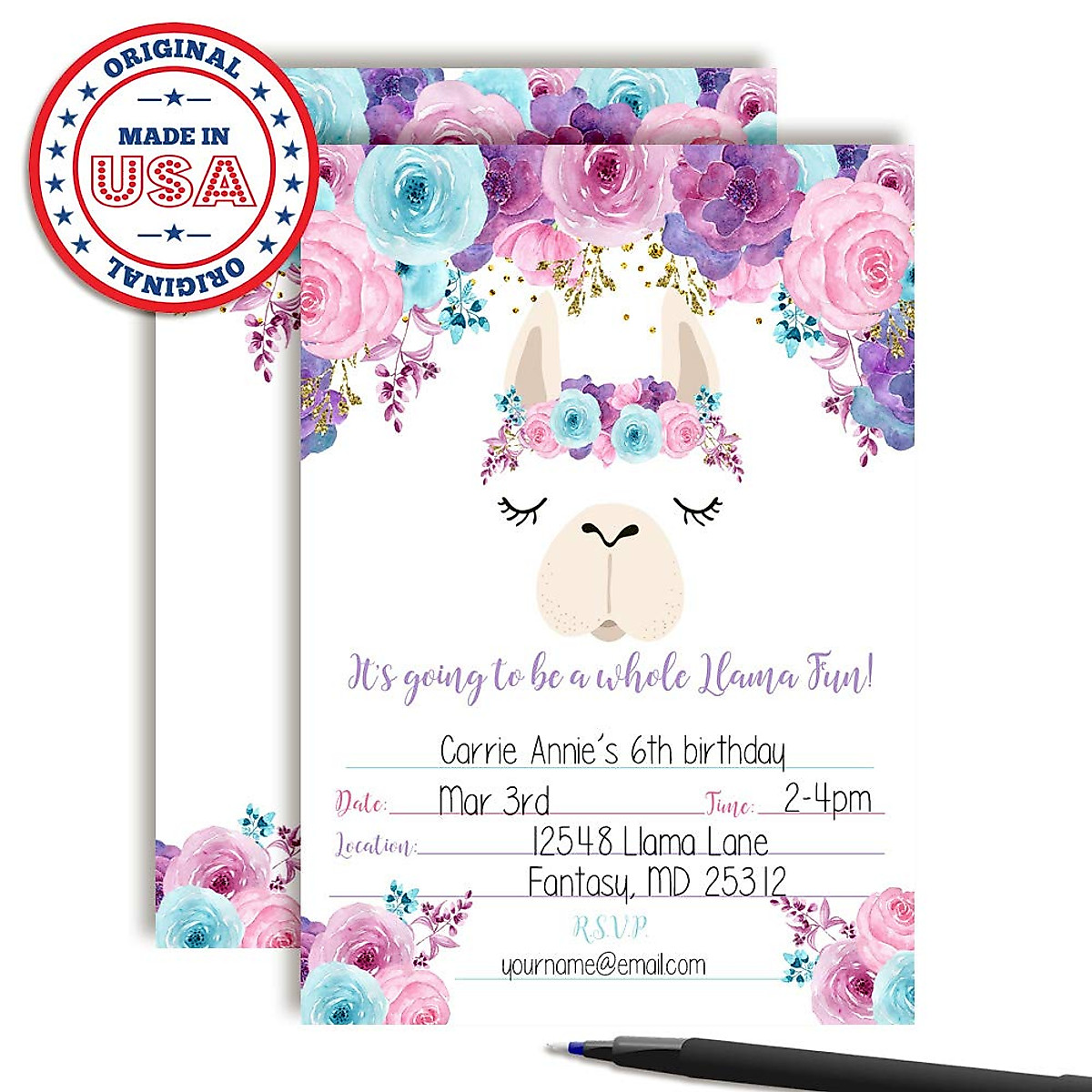 Whole Llama Fun Watercolor Floral Llama Face Birthday Party Invitations, 20 5x7 Fill In Cards with Twenty White Envelopes by AmandaCreation