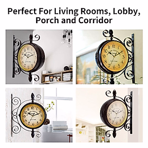 Dyna-Living Double Sided Wall Clock 8-inch Vintage Wall Clock Wall-Mounted 360-degree Rotation Retro Train Station Clock Wrought Iron Double Sided Clock for Indoor Patio Garden Home Use