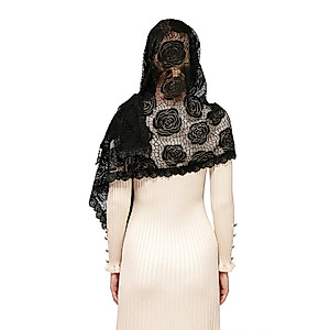 Wgior Rose Rectangular Chapel Veil Scarf Catholic Church Veils Mantilla Wrap Shawl Mass Head Covering (Black)