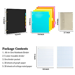 INFUN All-in-One Notebook Binder,Refillable Binder Notebook 1 inch, 3 Ring Binder with 5 Colored Movable Subject Dividers, One Plastic Inner Binder Pocket - Black