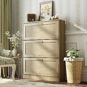 ECACAD 31.5" L Rattan Narrow Shoe Cabinet with 3 Flip Drawers, Freestanding Shoe Storage Organizer, Modern Shoe Organizer Cabinet with Rattan Doors for Entryway, Brown