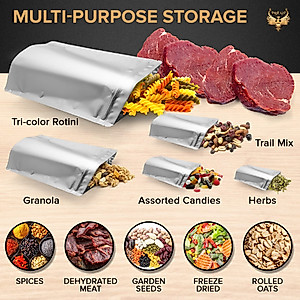 PRILUX Mylar Bags for Food Storage - 120 Stand Up Mylar Bags & Mylar Bags with Oxygen Absorbers - 10 Mil 1 Gallon, Quart & 8 Mil Small, Reusable Heat Sealable Zipper Resealable Airtight Food Storage