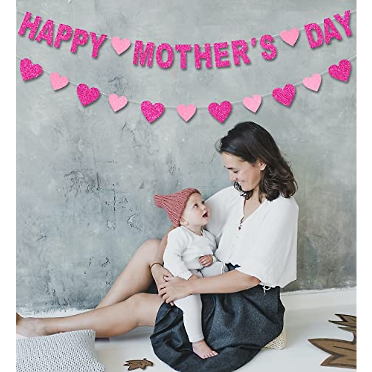 JOZON Happy Mother's Day Banner and Heart Banner Rose Red Pink Glitter Mothers Day Garland Banner with Heart Signs Thanks Mom Best Mom Ever Family Photo Props Backdrops Mother’s Day Party Decorations
