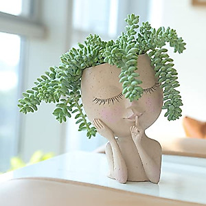 HUNTHAWK Face Planters Pots Unique for Indoor Outdoor Plants Resin Head Planter with Drainage Hole Cute Lady face with Closed Eyes (Light)