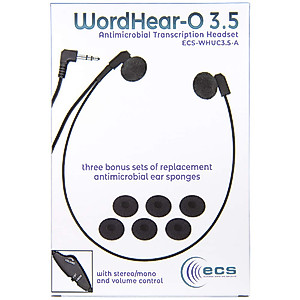 ECS WordHear-O 3.5mm transcription headset, in-line volume control, under chin, 10' cord with clothing clip, 3 extra pair extra of ear sponges, computer and transcribing headphones