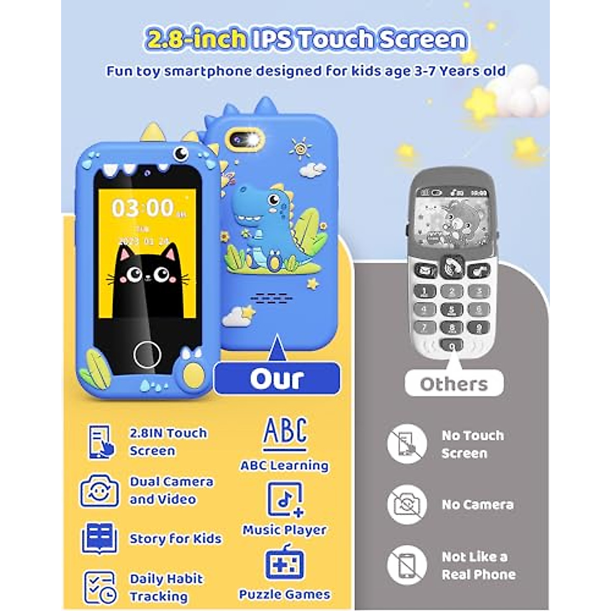 Kids Toy Smartphone, Gifts and Toys for Boys Ages 3-8 Years Old, Fake Play Toy Phone with Music Player Dual Camera Puzzle Games 8GB SD Card Touchscreen, Birthday, Kids Trip Activities