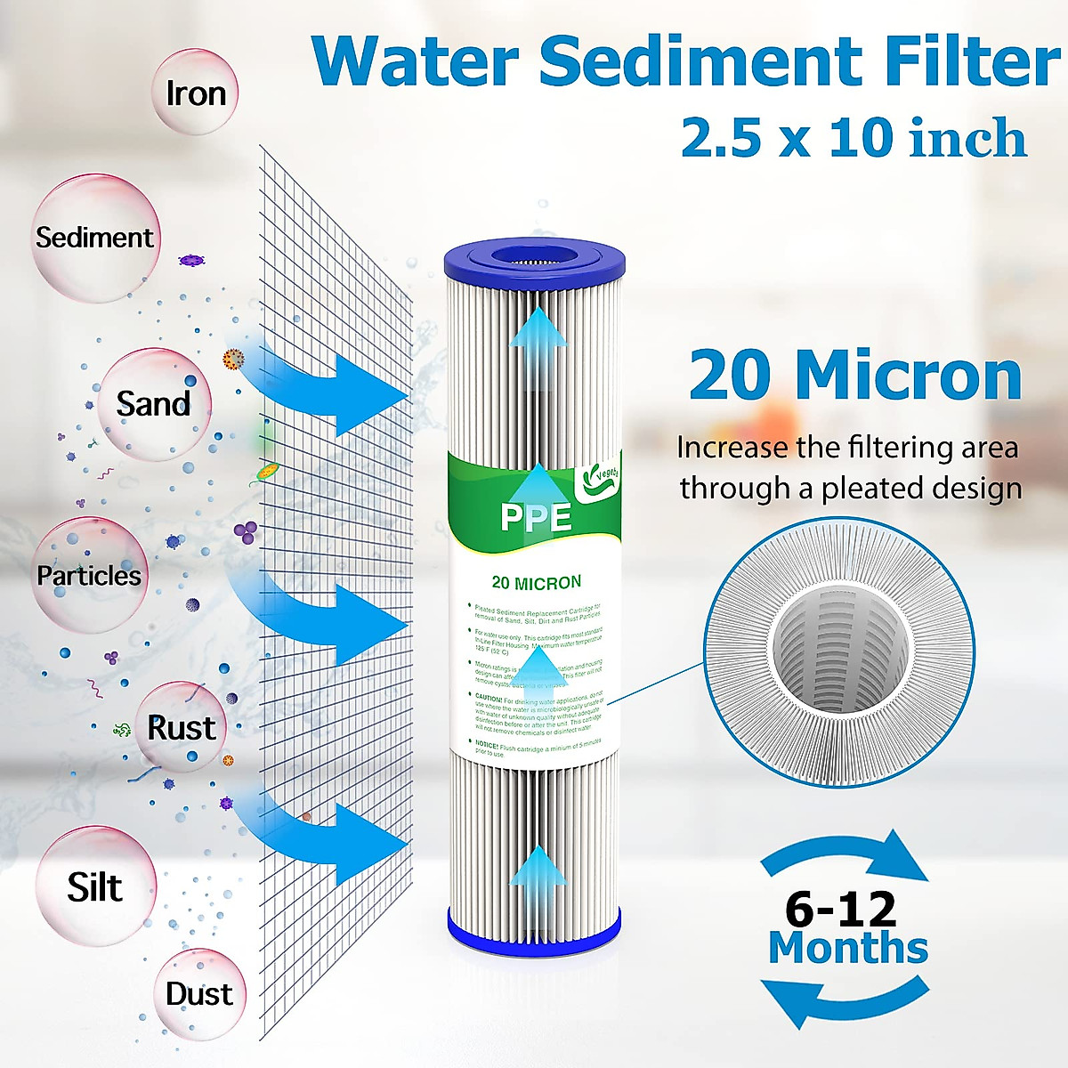 VEGEBE 20 Micron Water Filter 10" x 2.5", 10-inch Whole House Sediment Pre-Filters for Well & Tap water, Replacement Cartridge for FXWPC, EQ-PFC35, ECP5-10, S1, 3WH-STDPL-F02, SPC-25-1005, 6-Pack