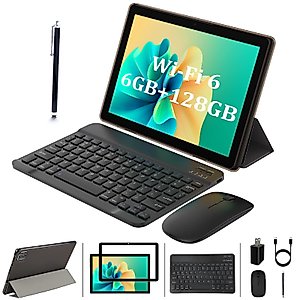 HOTTABLET Tablet with Keyboard, 2 in 1 Tablet 10 inch, 6GB RAM 128GB ROM 1T Expansion Tablet Android, 2.4Ghz/5Ghz/wifi 6 Tablet PC, IPS Screen, Dual Camera, 6000mAh Battery, with Case, Stylus, Black