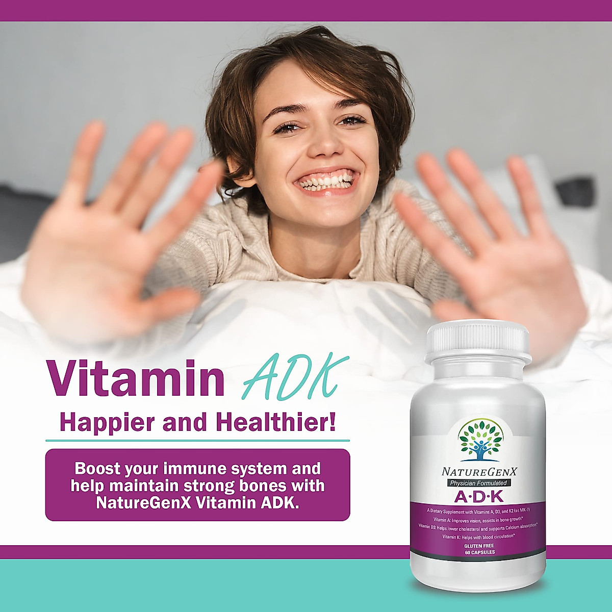 NatureGenX ADK Vitamin Supplement - Enhanced Bone Health with High Potency Vitamins A, D3, K2, Gluten-Free, 60 Capsules (Pack of 2)