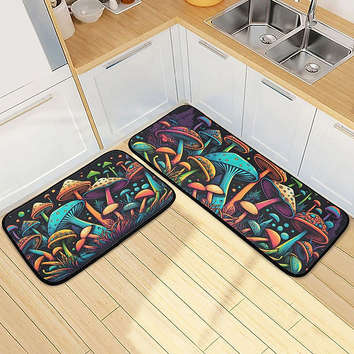 ZENWAWA Kitchen Mats 2 Pieces Set for Floor Magical Mushrooms Print, Non Skid Anti Fatigue Kitchen Rugs Cushioned Absorbent Comfort Floor Mats for Kitchen Sink
